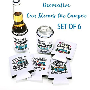 Set of 6 Camping Can Sleeves for Camper, Camper Decor Gifts for Camper, Soda Beer Beverage Camper Can Cooler for Camping Picnic Outdoor Accessories