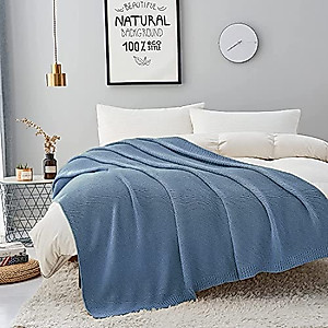 Queenshin 100% Cotton Cozy Cable Knit Throw, Lightweight Fluffy Snuggle Bed Sofa Decorative Knitted Blanket 50 * 60 Inch, Blue