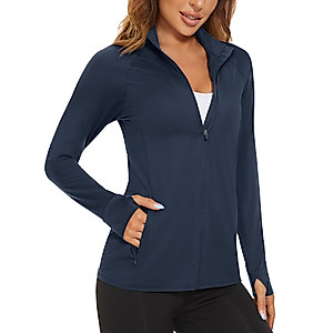MAGCOMSEN Women's Lightweight Athletic Jacket Zipper Running Shirts Quick Dry Long Sleeve Sun Protection Shirts Navy L