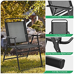 Tangkula Outdoor Folding Chairs Set of 6, Patio Dining Chairs with Breathable Seat & Cozy Armrests, Heavy-Duty Metal Frame, Portable Lawn Chairs for Backyard, Porch, Camping (6, Black)
