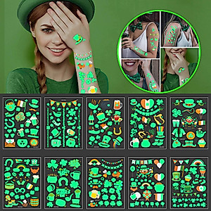 beiling Kids Saint Patrick’s Day Luminous Temporary Tattoos Stickers Shamrock Beer Glow in Dark Children Holiday Fluorescent Tattoos Stickers for Face Body Arms Baby Girl Boy St Patricks Party Favor Accessories (10 sheets)