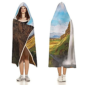 Hooded Blanket Poncho, Waterfall Women Men Hooded Blanket, Iceland Summer Wilderness, Soft Warm Cozy, 40 x 50inches, Studying Reading Snuggling Napping Office, Multicolor