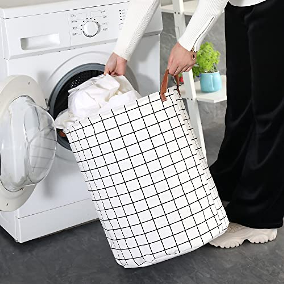 [2 Pack] Collapsible Laundry Basket, Large Round Waterproof Laundry Hamper, Foldable Storage Organizer with Leather Handles for Dirty Clothes (White Plaid)