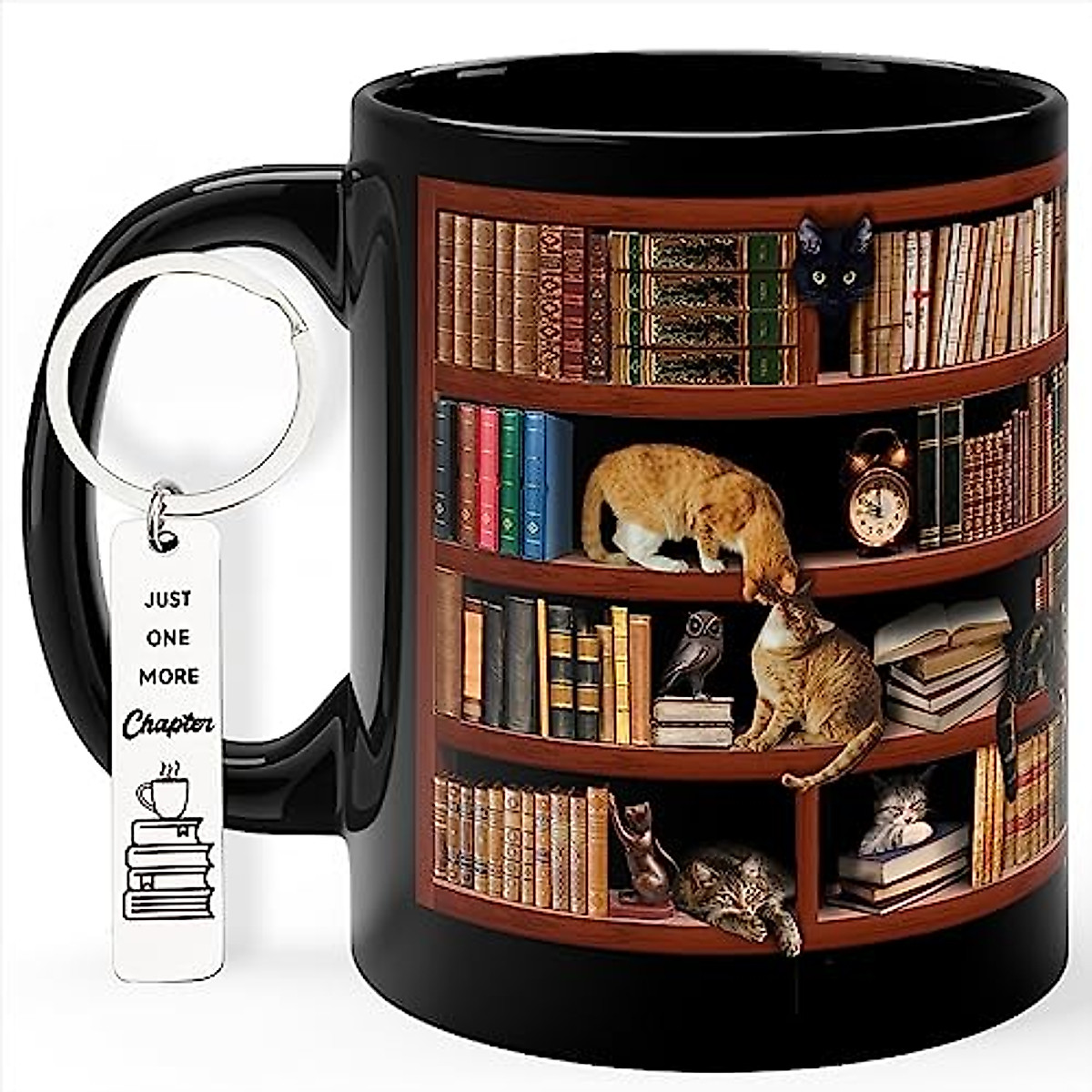 Kovan Library Bookshelf Mug Book Lovers Coffee Mug Library Mug for Cat and Book Lover Book Coffee Mug Book Mug Bookworm Mug Book Club Cup - Gifts for Readers Bookish Black Mug 11Oz With Keychain