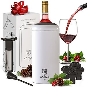 12 Degrés Wine Chiller Set - Perfect Wine Gifts for Women & Men - Stainless Steel Insulated Wine Cooler with Wine Pump, Aerator & 4 Stoppers (White Matte)