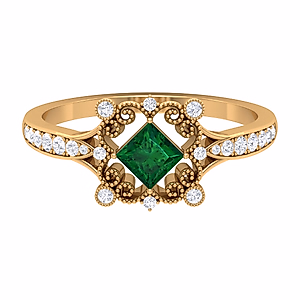 Rosec Jewels Certified Emerald Vintage Inspired Engagement Ring, AAA Quality, Natural Emerald Diamond Art Deco Ring, 14K Yellow Gold, Size:US 7.00