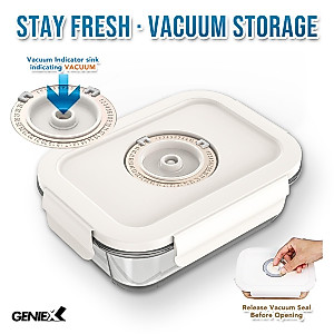 GENIEX Vacuum Containers for Food Storage, Glass Vacuum Seal Containers Set of 3, Food Saver Containers for Vacuum Seal, Easy Clean Marinade container (Rectangular-Glass-3pc | Sealer sold separately)