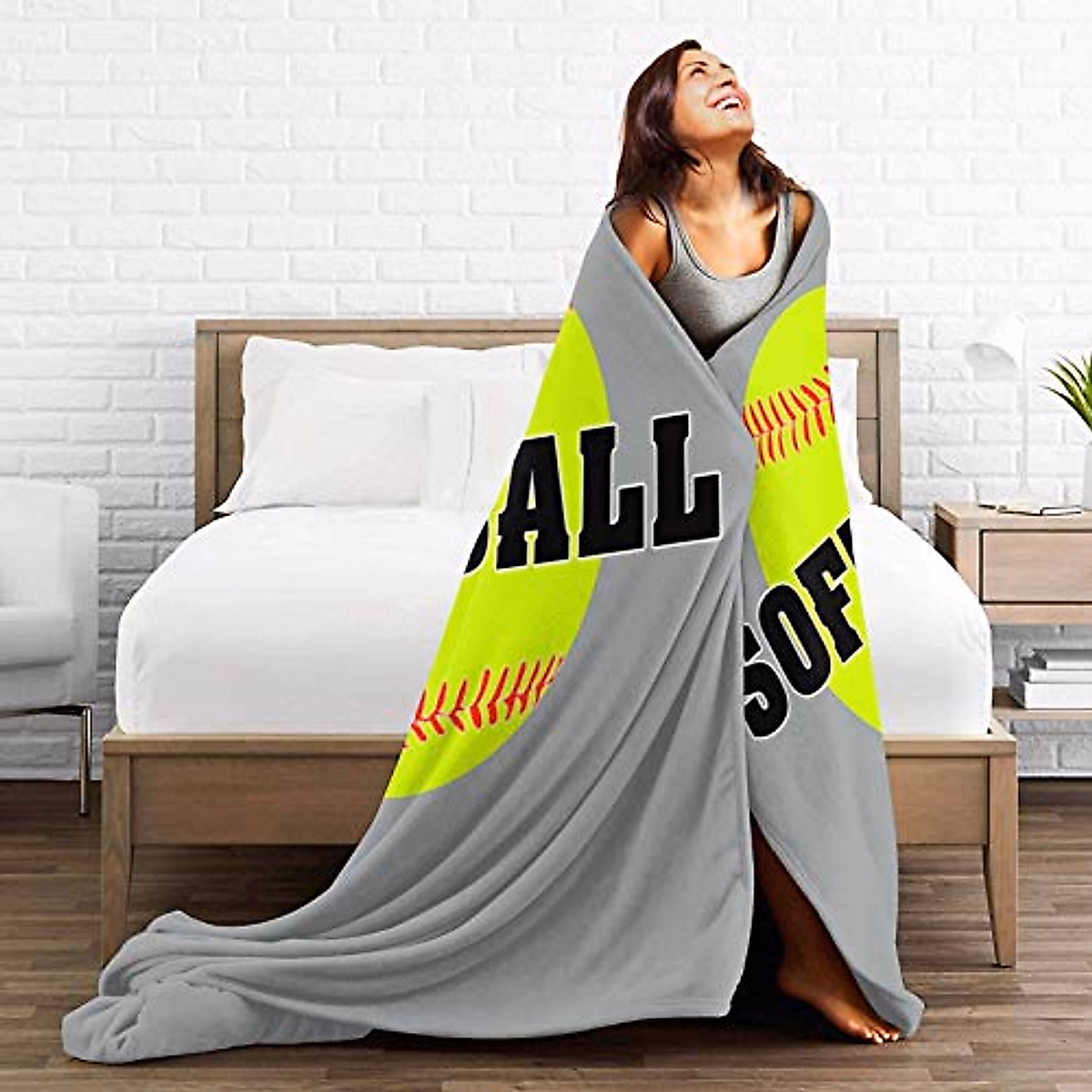 Blanket Softball Baseball in Grey Fleece Blanket Foldrable Throw Blanket Washable Couch Sofa Fuzzy Blanket Reversible Plush Blanket Beach Blanket for Home Office (80" x60)