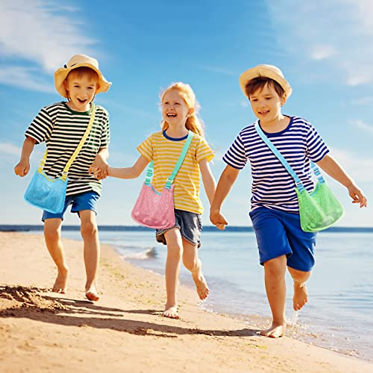 F-color Beach Toy Kids Beach Bag Shell Collecting Bag, Mesh Beach Bag Seashell Bag Net Bag for Sea Sand Pool Swim Beach Shell Accessories Beach Gifts for Kids Girls Boys, 3 Packs (Green, Blue, Pink)