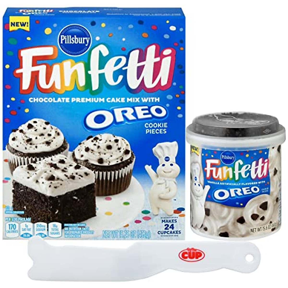 Pillsbury Oreo Funfetti Bundle, Includes 1 of each: Chocolate Cake Mix, Vanilla Frosting & Oreo Bits with By The Cup Frosting Spreader