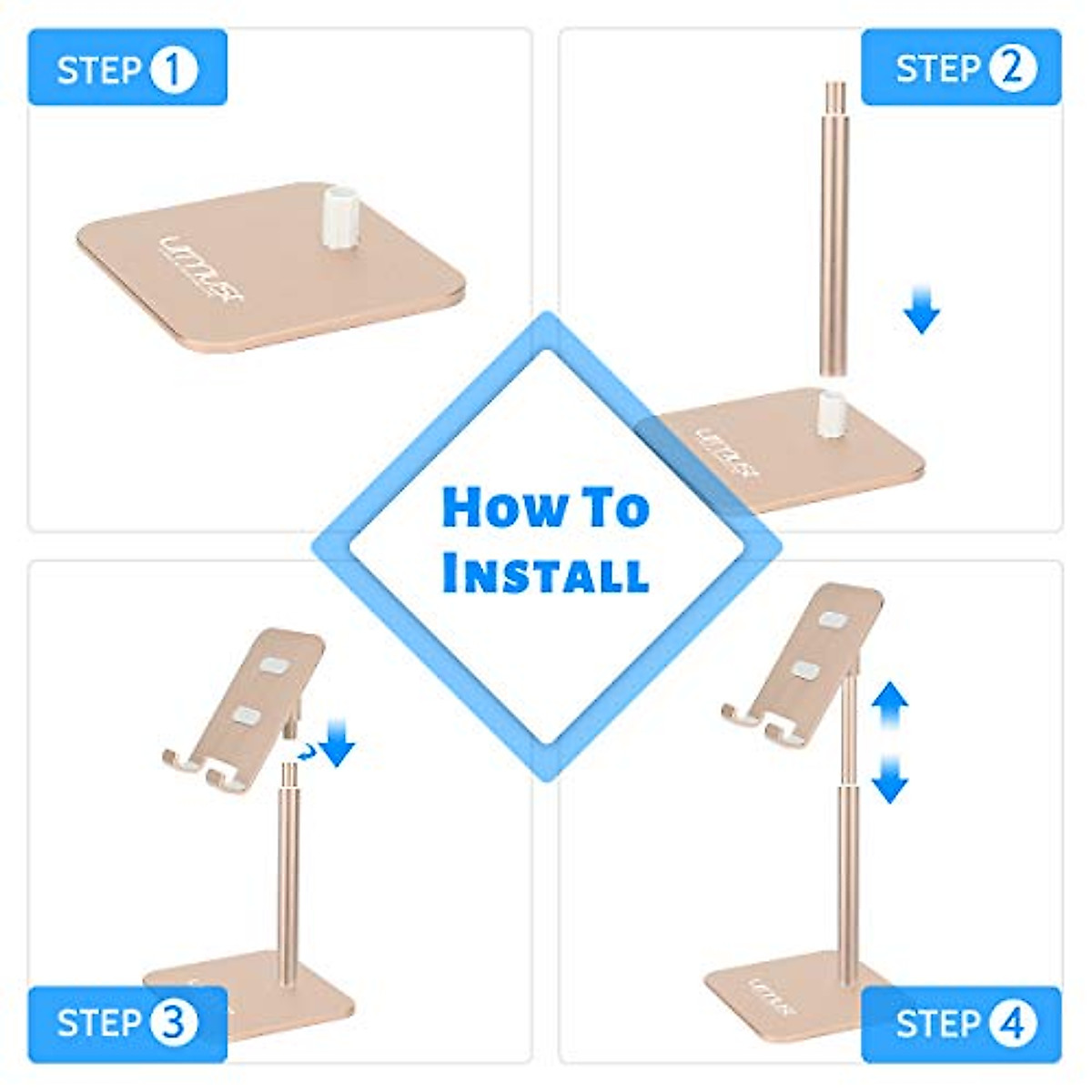 Urmust Cell Phone Stand Height Angle Adjustable Phone Stand for Desk Phone Holder for Office Compatible with iPhone 14 13 12 11 Pro Max X Xr 8 Plus 7 6 (Gold)