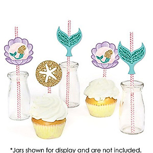 Let's Be Mermaids Paper Straw Decor - Baby Shower or Birthday Party Striped Decorative Straws - Set of 24