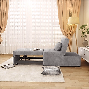 LEVNARY Convertible Chair Bed Sleeper, Velvet 4 in 1 Single Sofa Folding Chair Ottoman, Pull Out Small Couch Ottoman Bed for Home Living Room (Velvet Grey)