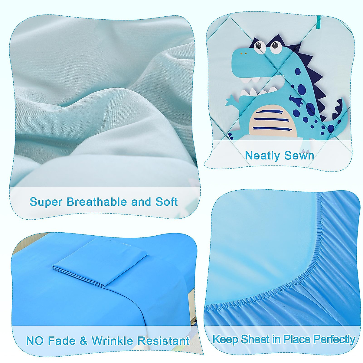 Wowelife 4 Pieces Toddler Bedding Sets for Boys Blue Toddler Bed Sheets Sets Kids Dino Toddler Comforter Set Soft Breathable with Quilted Comforter, Flat Sheet, Fitted Sheet and Pillowcase, Dinosaur