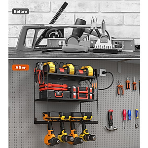 JUNNUJ Power Tool Organizer with 10 Outlet Power Strip, 3 Layer Wall Mount Drill Holder with Charging Station, 4 Drills Storage Shelf Shop Garage Utility Rack, Black