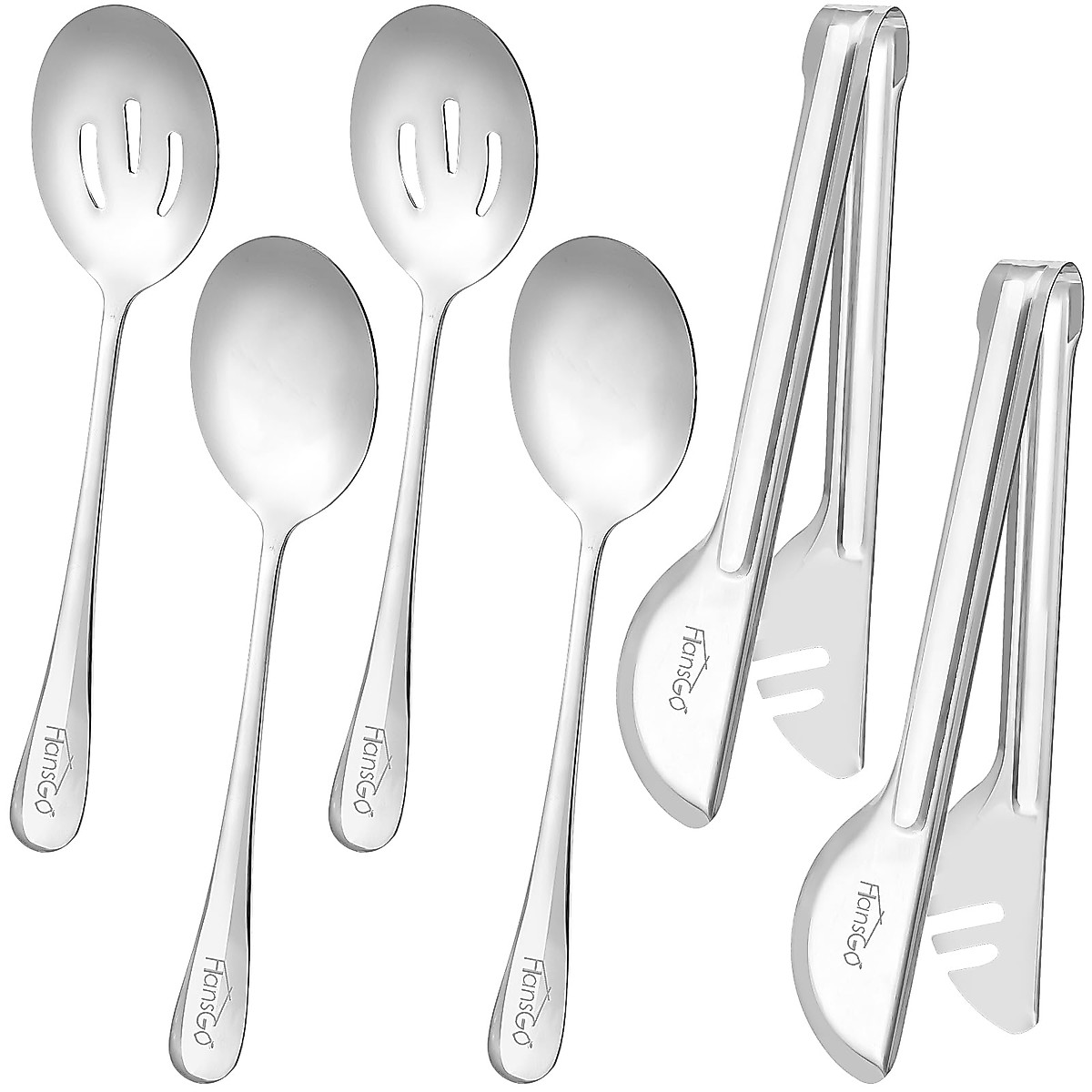 HANSGO Serving Utensils Stainless Steel, 6PCS Large Serving Utensils Including 2 Serving Spoons, 2 Slotted Spoons, 2 Serving Tongs for Wedding Party Family Dinners