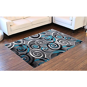Masada Rugs, Turquoise Grey Modern Contemporary Woven Area Rug, Hand Carved (5 Feet X 7 Feet, Turquoise)