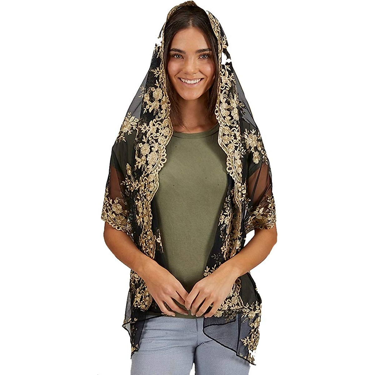 Embroidered Two Tone Black and Gold Long Chapel Veil with Floral Design, 24 Inch