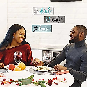 Creoate Teal Kitchen Wall Decor Art, Set of 3- Eat Drink and Love Wood Plaque, Dinning Room Wall Art Rustic Farmhouse Decor, Turquoise, Gift for Home