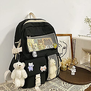 Eagerrich Kawaii Backpack with Cute Pin Accessories Plush Pendant for School Bag Student Girl Backpack Super-Capacity Waterproof Travel Backpack(Black)