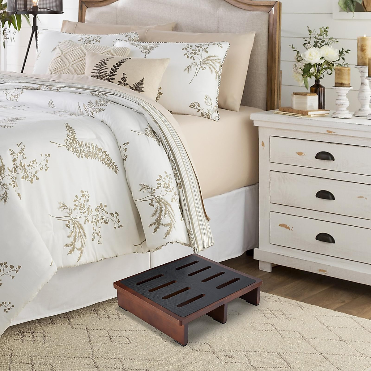 HouseJoy Wooden One Step Stool for Adults Elderly with Non-Slip Rubber Stepping Surface,600LBS Load Capacity Stepping Stool for Bathroom Sink Kitchen Bedside,3 Legs Bed Step Riser for Senior Support