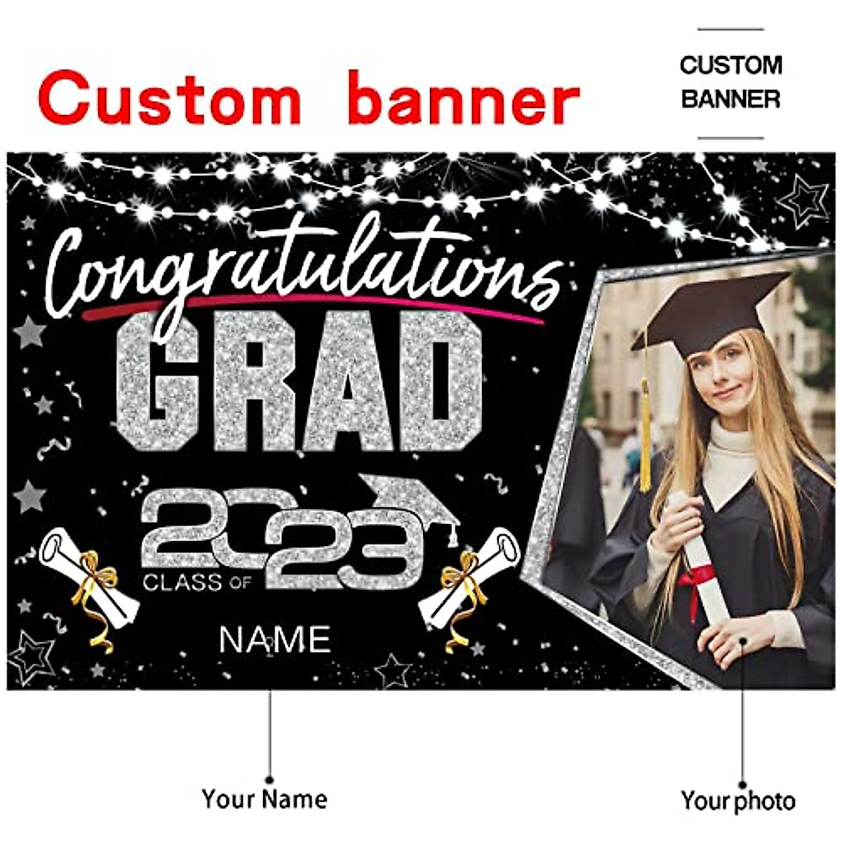 Custom Graduation Party Decorations 2023-Personalization Congratulations Graduation Banner-Class of 2023 Graduation Decorations Supplies(Black and Silver)