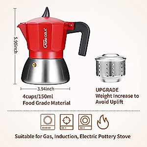 OGNI ORA Stovetop Espresso Maker Moka Pot, Red 4 Cup(150 ml) Camping Coffee Pot Double Valve Design Espresso Coffee Maker Suitable for Gas, Induction, Electric Pottery Stove