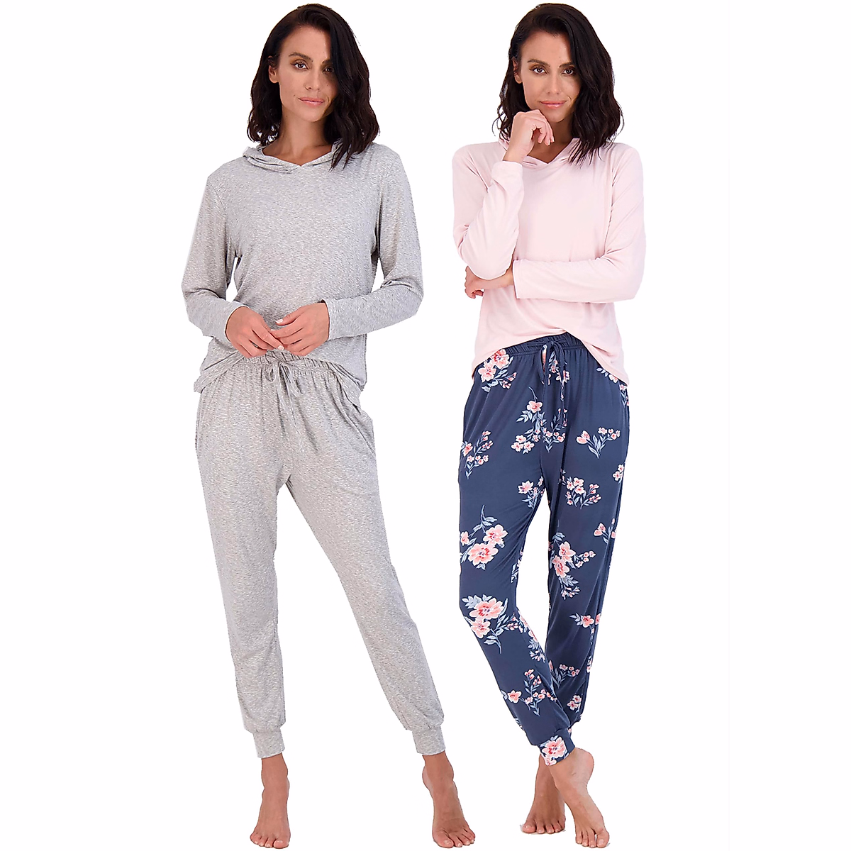 Real Essentials 2 Pack: Women's Super Soft Long Sleeve Sleep Set - Comfortable Lounge Pajama Casual Hoodie Jogger, Multicolor, Hoodie Set 2, Large