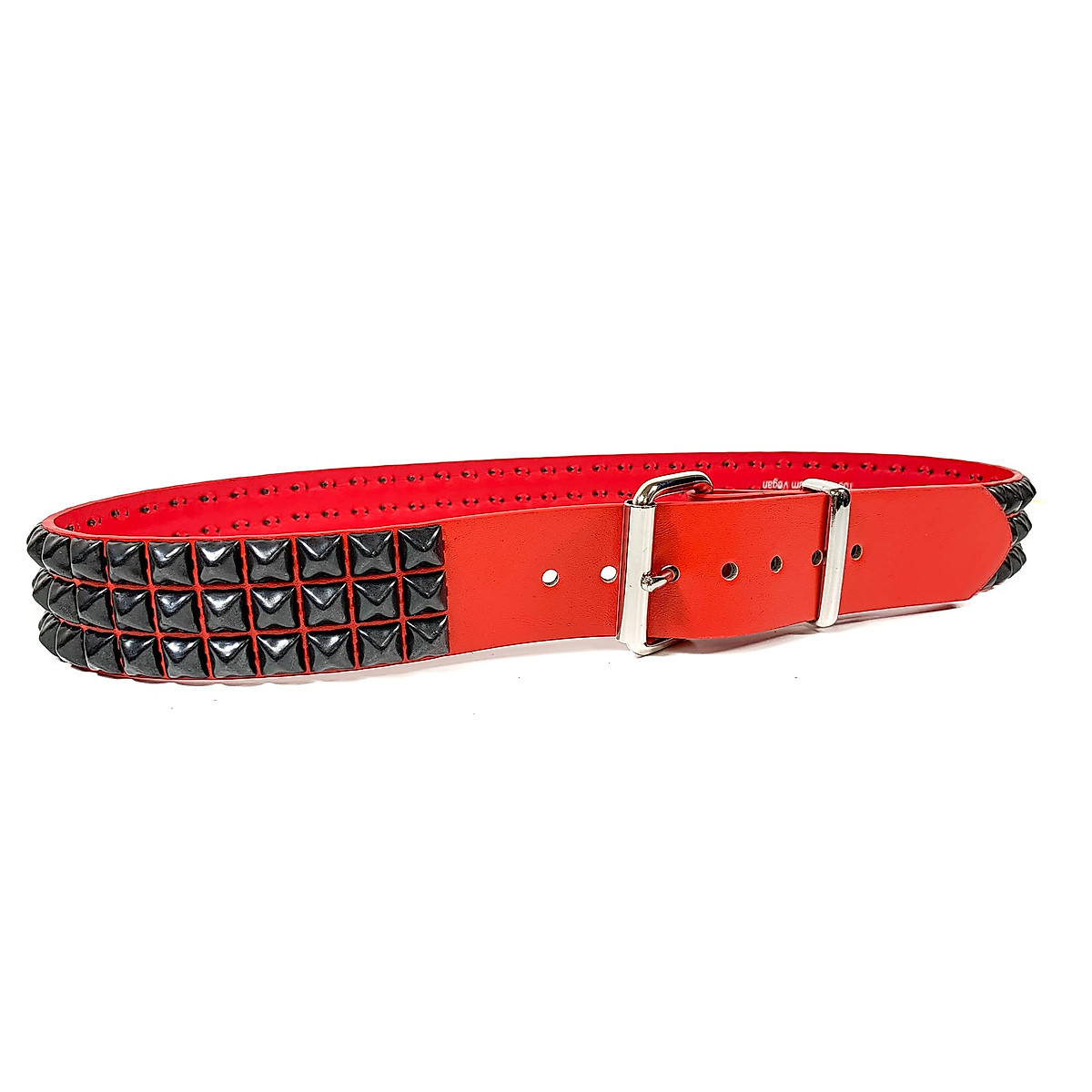 Red Three Row Black Pyramid Stud Belt Vegan Leather Punk Goth Alternative USA Made (XL)