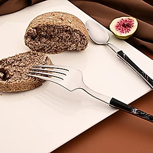 Snplowum 24 Piece (6 Set) Imitation marble Handle Cutlery, Stainless Steel Head Flatware Set For Home Wedding Dinner, Mirror & Modern Knife Fork Tea Spoon Utensils Set -- Black Silver