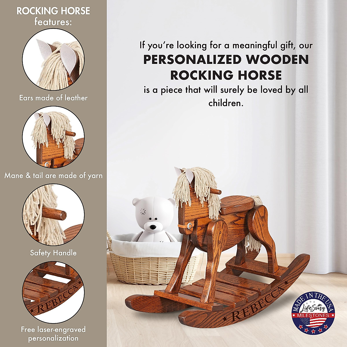 LifeSong Milestones Personalized Solid Oak Wooden Rocking Horse Cherry Toy for Toddlers Childrens and Kids Housewarming Nursery Gift Decorations Handcrafted in The USA Size: 34" L x 11.5" W x 24" H.