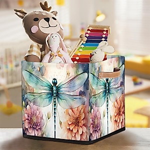 Tablerazzi Floral Dragonfly Cube Storage Bin, 13 Inch Collapsible Fabric Storage Cube Bin, Foldable Cube Baskets for Shelf, Closet, Organizer