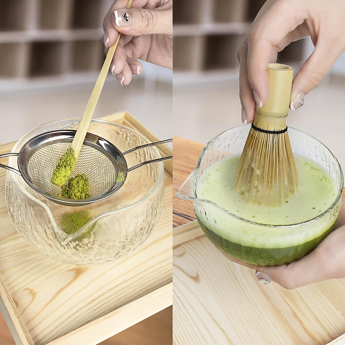 Artcome Japanese Matcha Tea Set, Glass Matcha Bowl with Pouring Spout, Bamboo Whisk, Ceramic Whisk Holder, Wooden Case, Handmade Matcha Ceremony Kit For Japanese Tea Ceremony (Black)