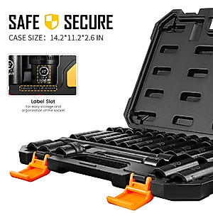 boen 1/2" Drive Impact Socket Set, 33 Piece Deep & Shallow Metric Socket Set 8mm to 22mm, Includes 5", 10" Extension Bars, Universal Joint, 6 Point Design, Cr-V Steel, Meets ANSI Standards