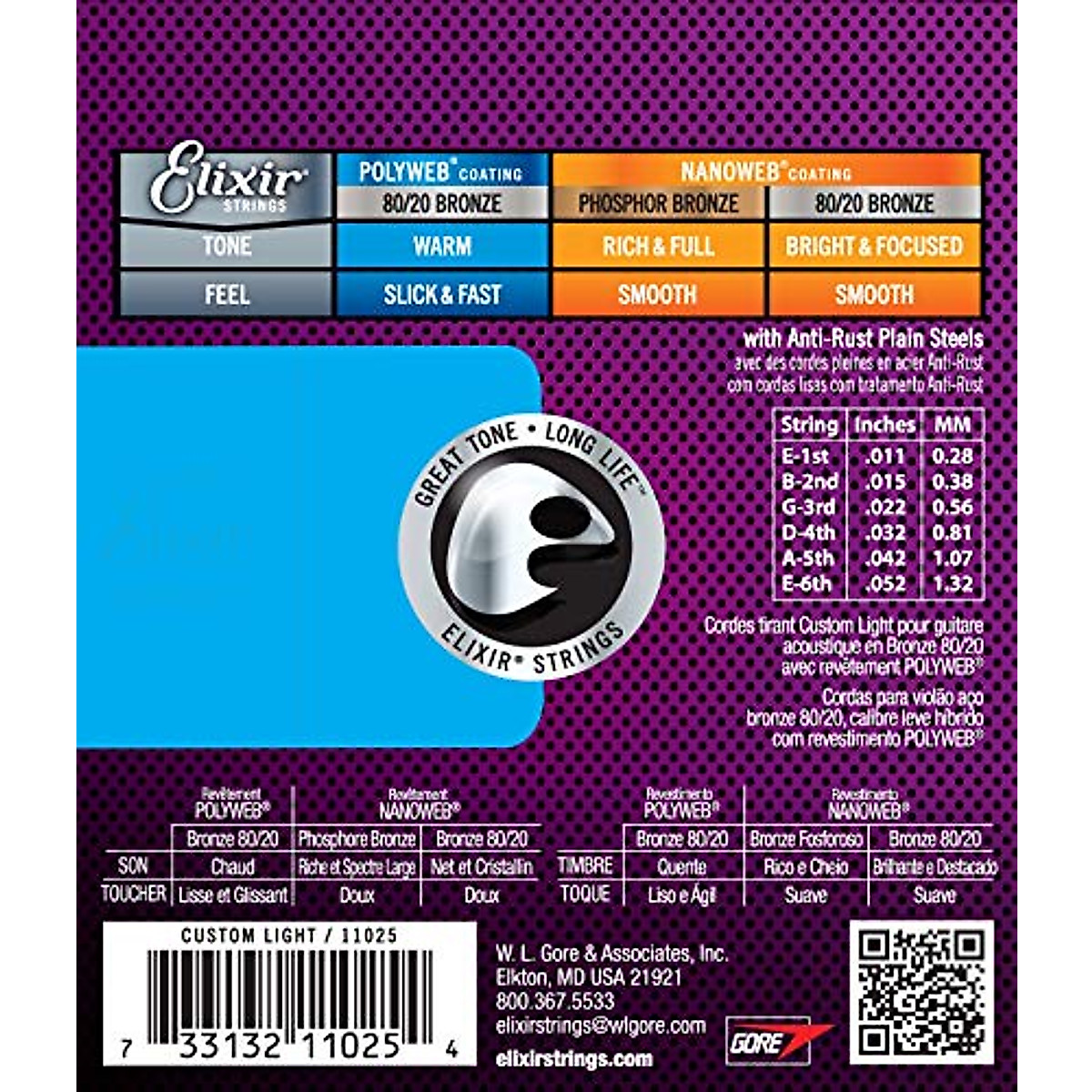 Elixir Strings, Acoustic Guitar Strings, 80/20 Bronze with POLYWEB Coating, Longest-Lasting Warm Tone with Comfortable Feel, 6 String Set, Custom Light 11-52