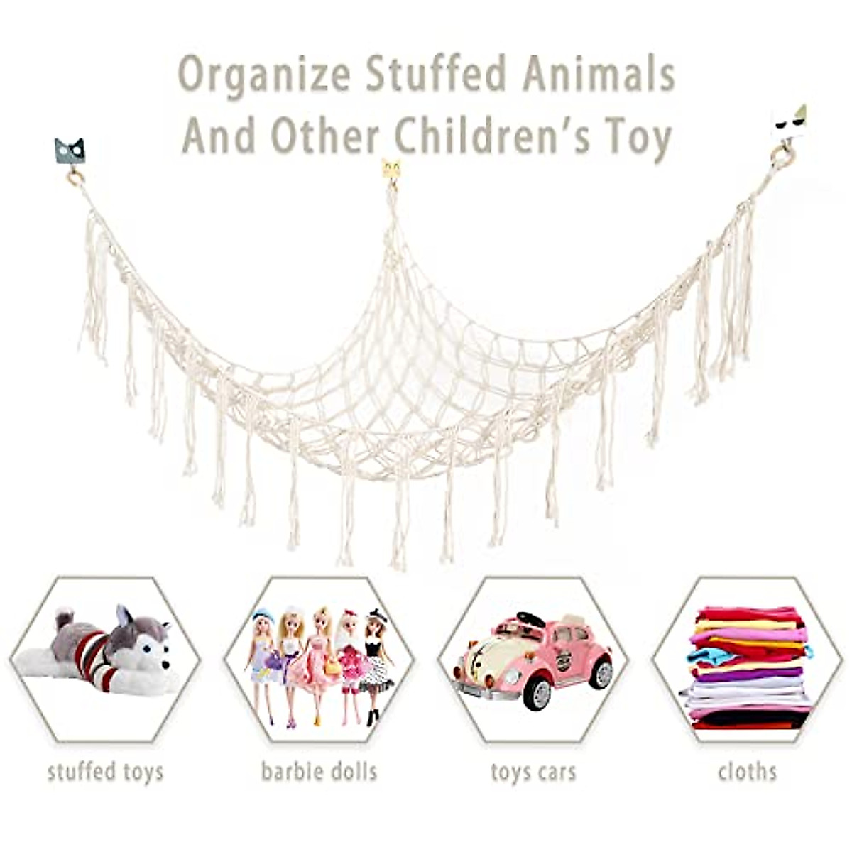 Boho Stuffed Animals Net or Hammock Large,55 inch Toy Hammock Macrame Stuff Animal Storage Corner Hanging Net Holder,Mesh Hammock Plush Toy Organizer with Tassel & Hooks for Bedroom,Nursery (White)