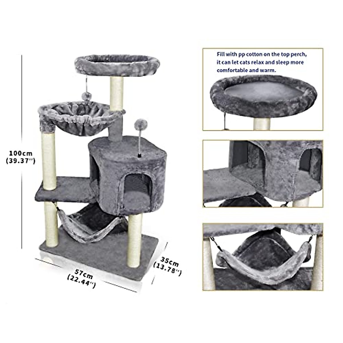 Newest Cat Tree with Cat Condo and Big Hammock，Grey