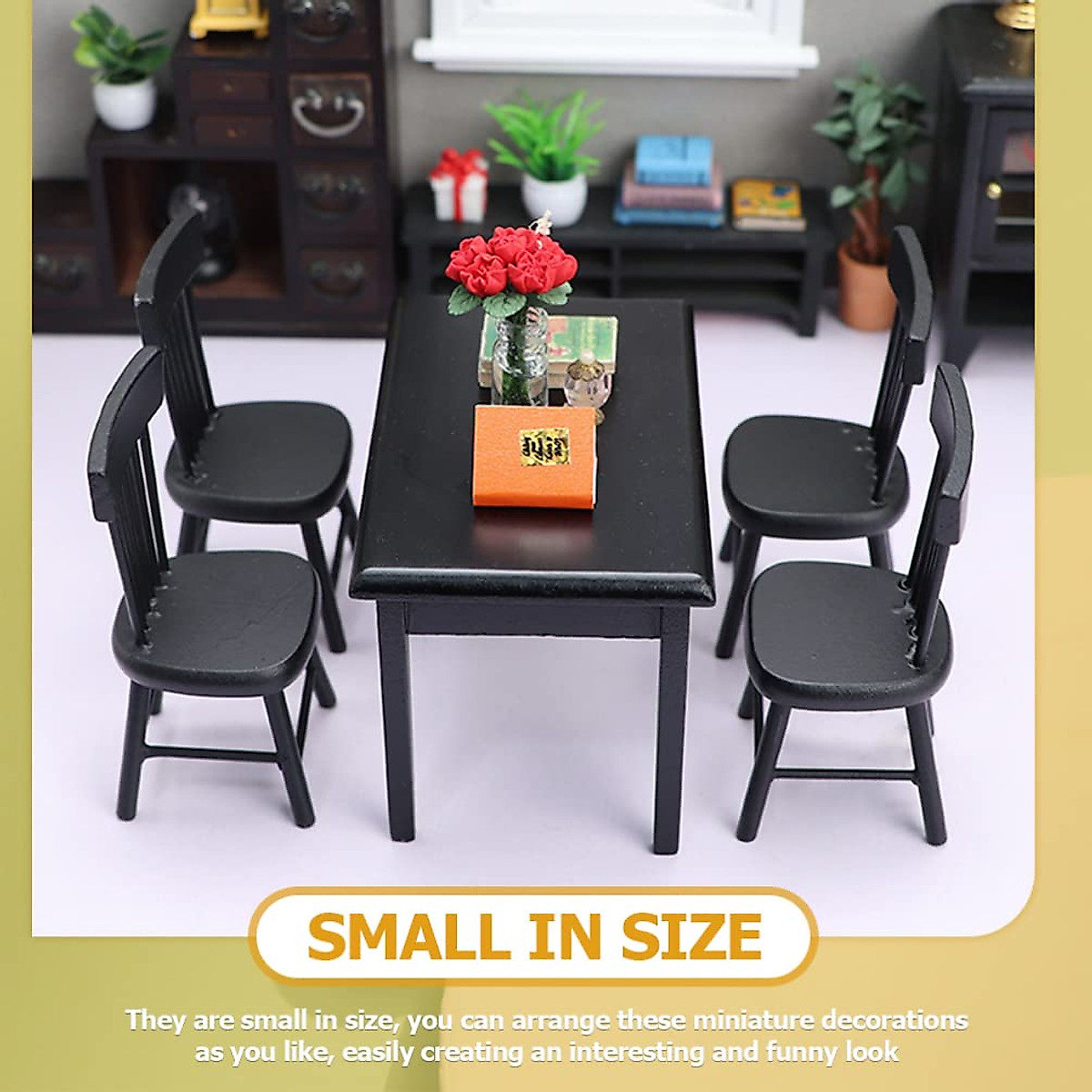 Black Chairs 5Pcs Miniature Table and Chairs, Mini Dining Table Set for 4, Doll House Black Wooden Table Chairs Miniature Furniture and Accessories Furniture