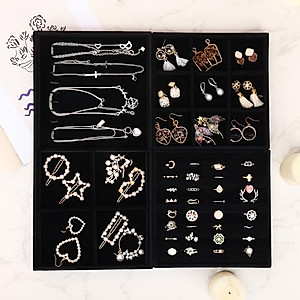 Fixwal Jewelry Tray for Drawers Set of 3, 14in Stackable Jewelry Organizer, Jewelry Storage for Earring, Necklace, Bracelet, Watch with Removable Divider, Black