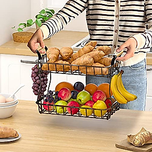 OKZEST 2 Tier Fruit Basket with 2 Banana Hangers, Vegetable Fruit Basket Bowl for Kitchen Countertop, Metal Fruit Storage Stand Holder Organizer for Bread Snack Potato Onion Produce