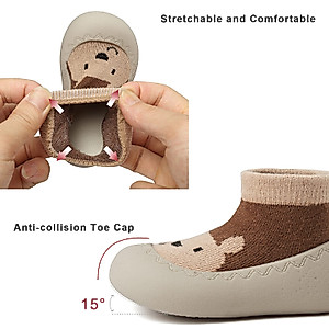Baby Sock Shoes Toddler Cartoon Soft Rubber Sole Non Slip Indoor Floor Slipper for Infant Boys Girls First Walking Trainers Shoe Brown Bear 22