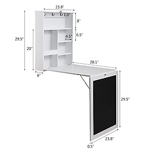 JAXPETY Wall Mounted Space Saving Folding Desk Fold Out Computer Laptop Desk with Storage Bookcase & Chalkboard Convertible Writing Desk for Home Office, White + Black
