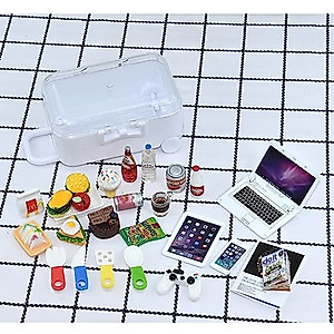 27 Pieces Dollhouse Mini Laptop Tablet and Smart Phone Newspaper Book Miniatures Hamburger Cake Coffee Juice Trolley case DIY Play Game Party Toys Accessories (White Set)