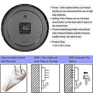 Reynoe 12 Inch Silver Aluminum Frame Wall Clock with Thermometer Hygrometer Battery Operated Silent Movement Decorative for Home