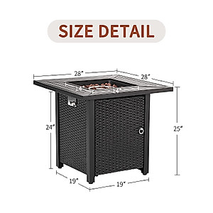 SUNBURY Outdoor Propane Fire Pit Table, 28 Inch Patio Gas Fire Table 40,000 BTU Auto-Ignition, Rattan-Look Outdoor Companion w Lid, Waterproof Cover, Lava Rocks (Black Brown)