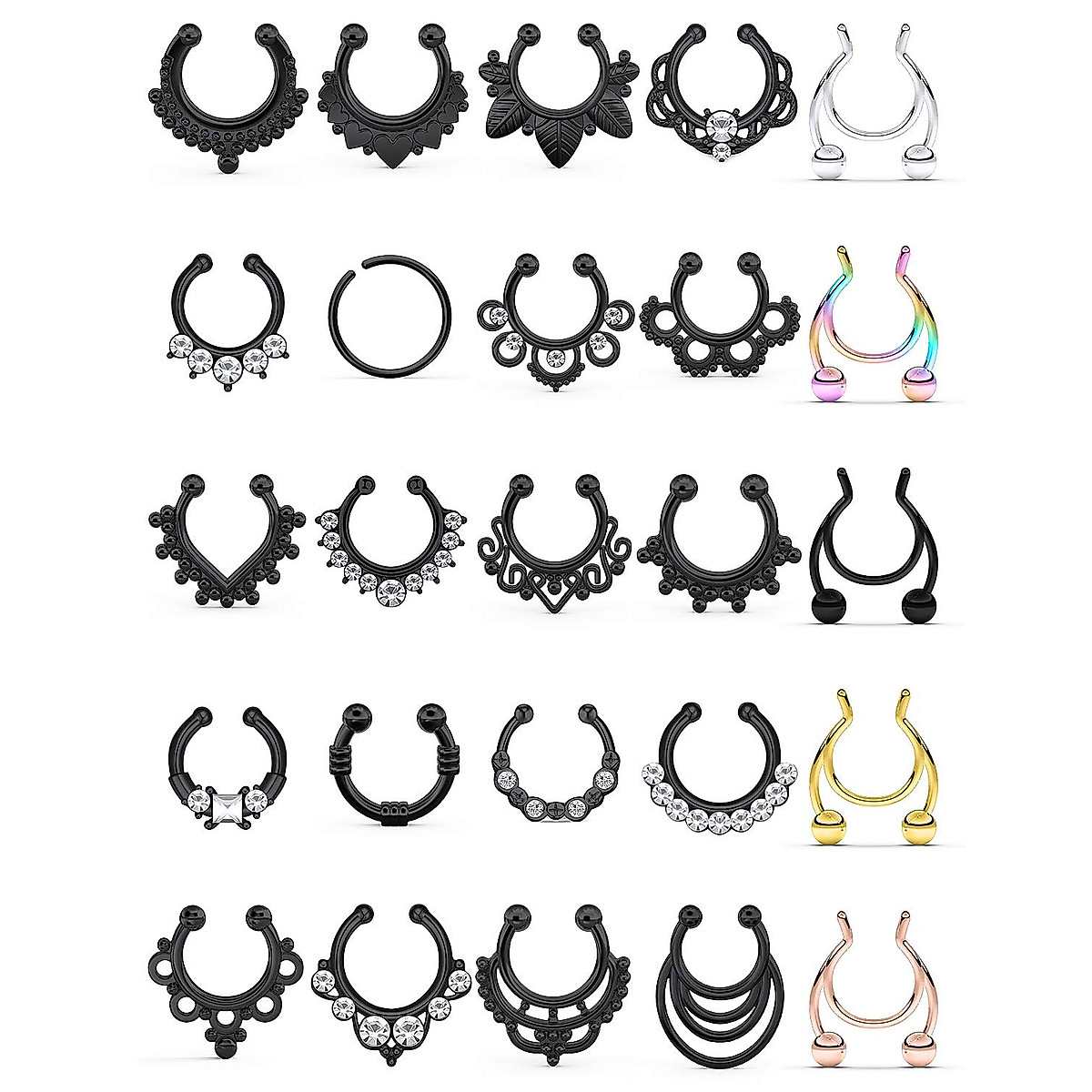 Prjndjw Fake Septum Nose Hoop Rings Stainless Steel Faux Lip Ear Nose Septum Ring Non Piercing Clip On Nose Hoop Rings Body Piercing Jewelry 25PCS Women Man Black
