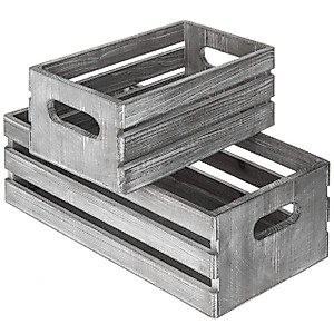 MyGift Rustic Light Gray Solid Wood Decorative Storage Box with Cutout Handles, Country Style Nesting Storage Crate Bin with Open Top Pallet Design, Set of 2