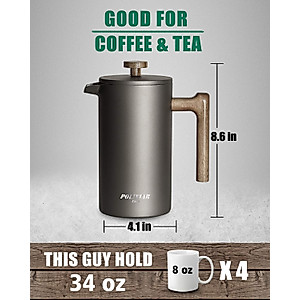 POLIVIAR French Press Coffee Maker, 34 Ounce Coffee Press with Real Wood Handle, Double Wall Insulation & Dual-Filter Screen, Food Grade Stainless Steel for Good Coffee and Tea (Cliff)