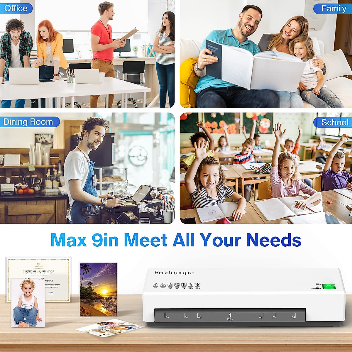 Laminator, 9" Thermal Laminator Machine for A4, A5, A6, Hot & Cold Laminating Machine with 20 Pouches, Paper Trimmer, Corner Rounder, Hole Puncher, Iron Ring, White