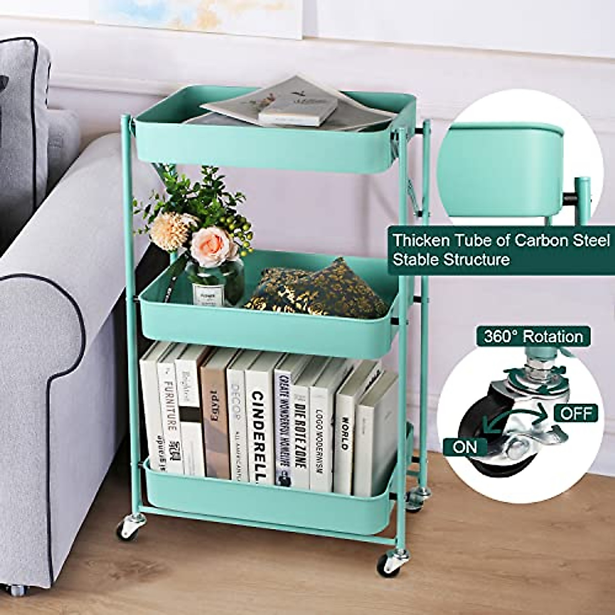 Todeco 3 Tier Foldable Plastic Rolling Storage Utility or Kitchen Cart ,Folding Mobile Trolley Storage Organizer with Wheels for Office Bathroom Bedroom,Free Assembly,Green